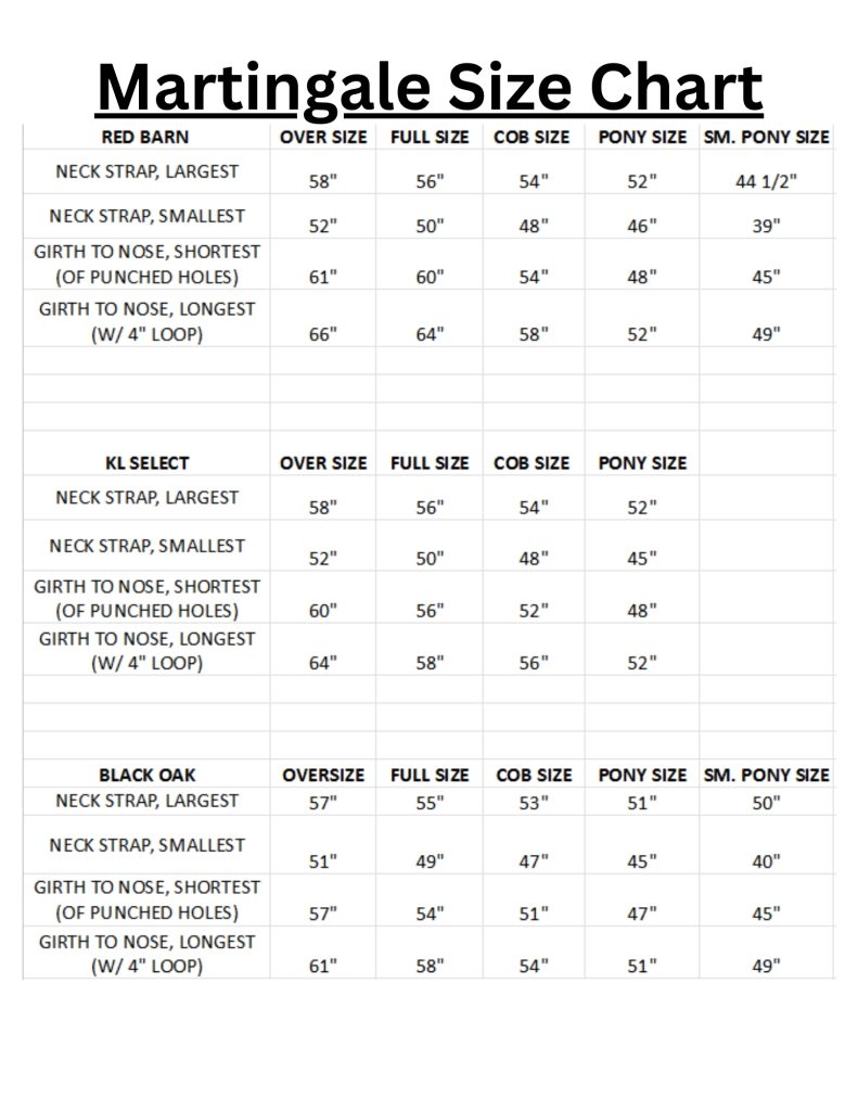 Martingale Size Chart